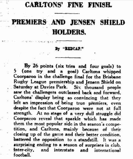 Brisbane Rugby League 1925, Challenge Final – Redcap's BRL